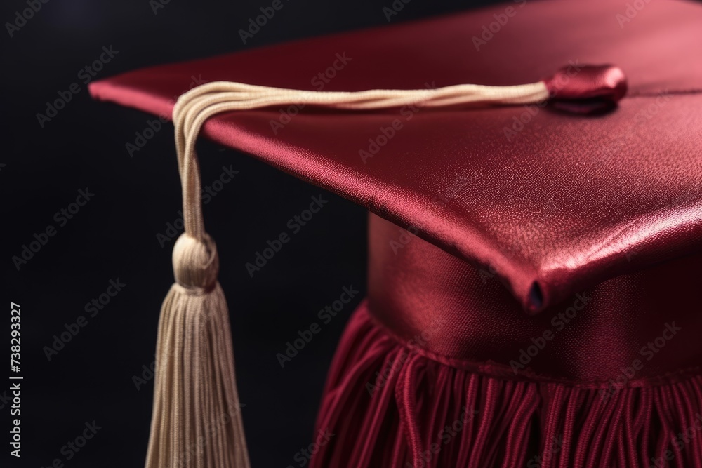 Close up of maroon graduation cap with a golden tassel, the texture and ...