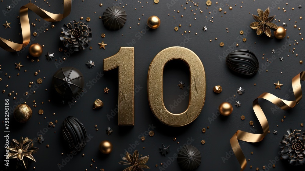 Gold number 10 on a minimalist black background. There are gold candies ...