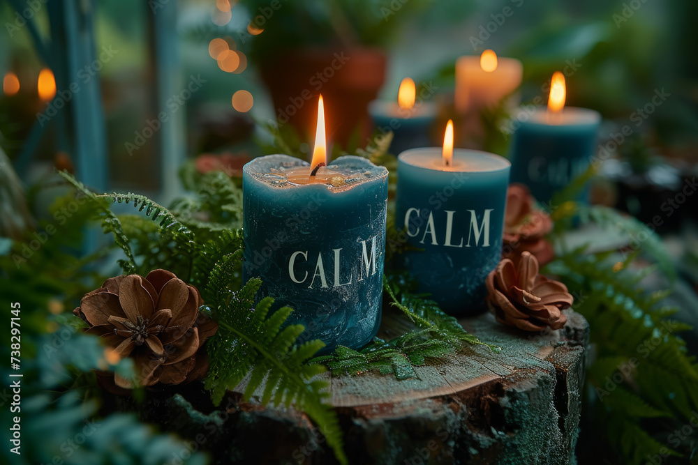 A creative formation of aromatic candles creating the word "CALM" on a ...