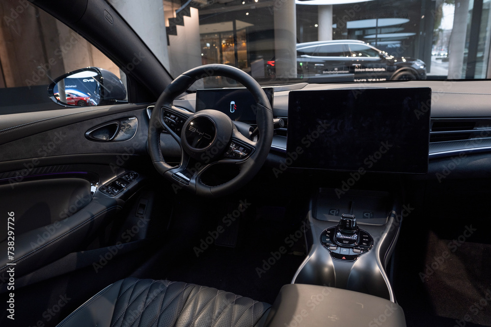 Interior, cockpit, steering wheel, display of BYD Seal Electric Car ...