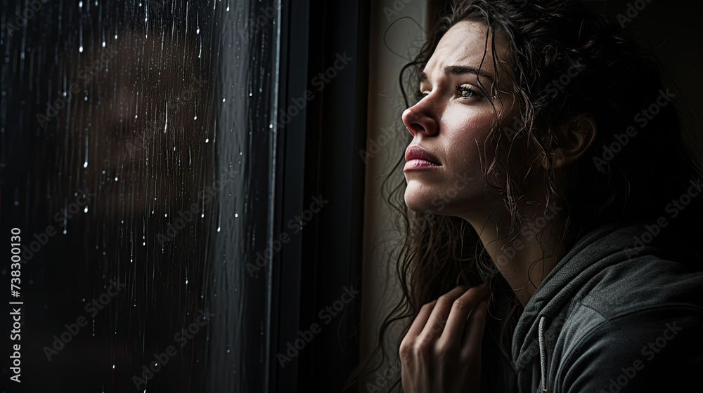 Grief-stricken Woman Gazing Out a Rain-Streaked Window, Lost in Thought ...