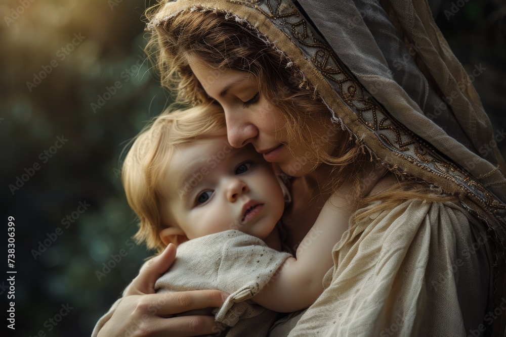 A tender scene of a biblical mother with her child, highlighting themes ...