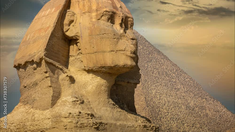 The Great Sphinx of Giza showing a side view of the head and face with ...