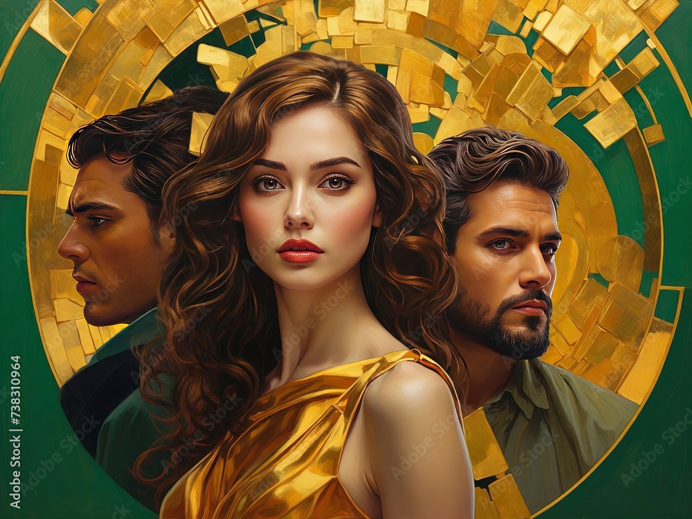 Team one woman and two men, love triangle, detective cover, poster ...