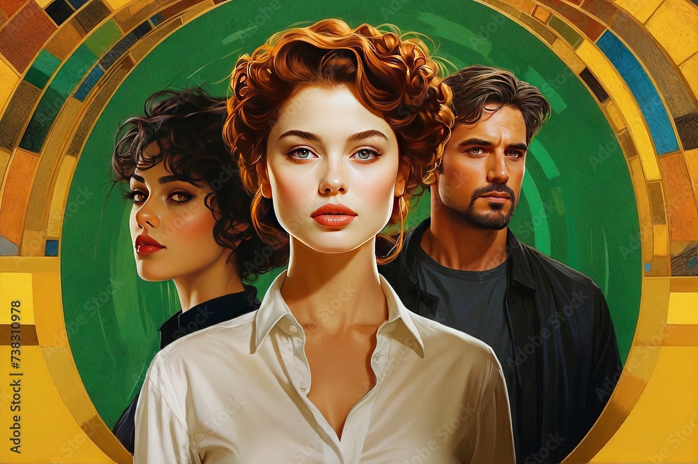 Team of two women and a man, love triangle, detective cover, poster ...