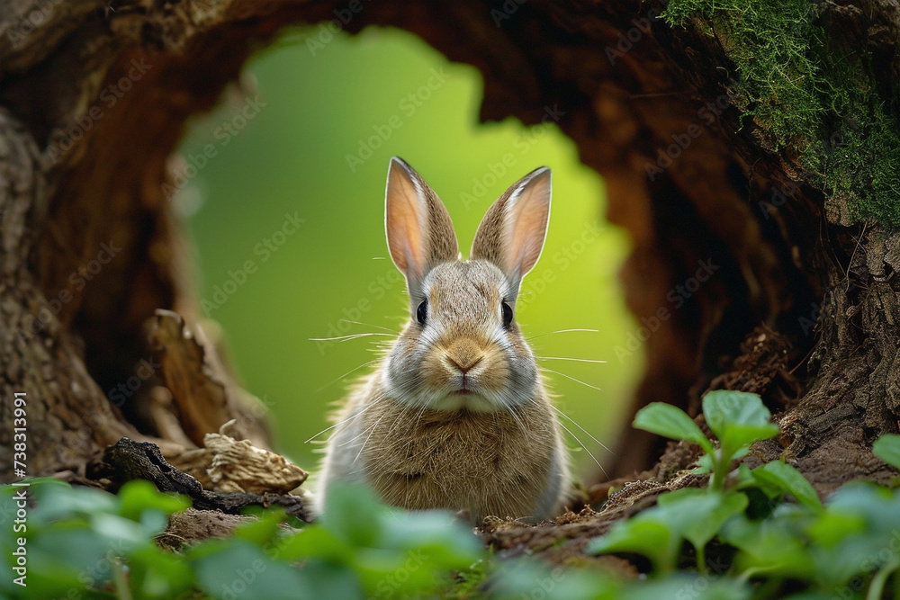Cute baby rabbit peeping from stump in spring forest Stock Photo ...