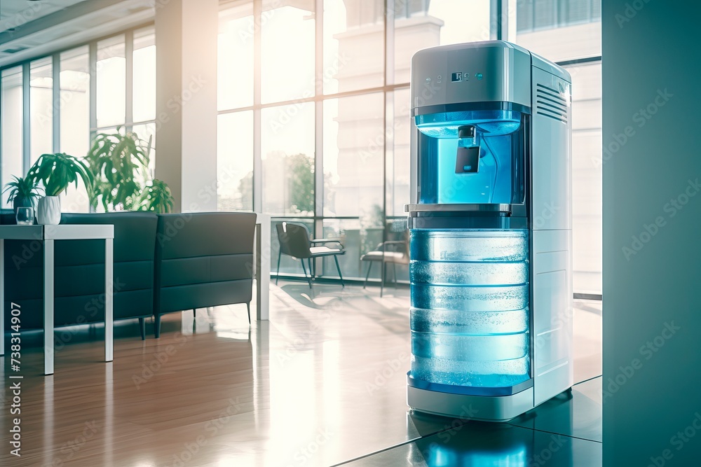 Modern office water cooler in a bright workspace. Concept of hydration ...