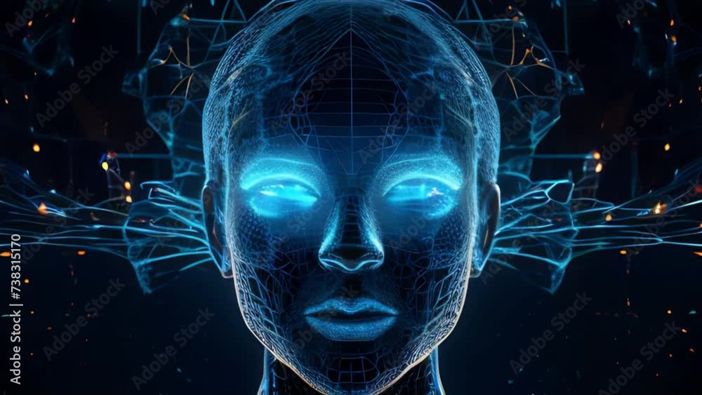 Glowing robotic human face on a dark background with neon blue lines ...
