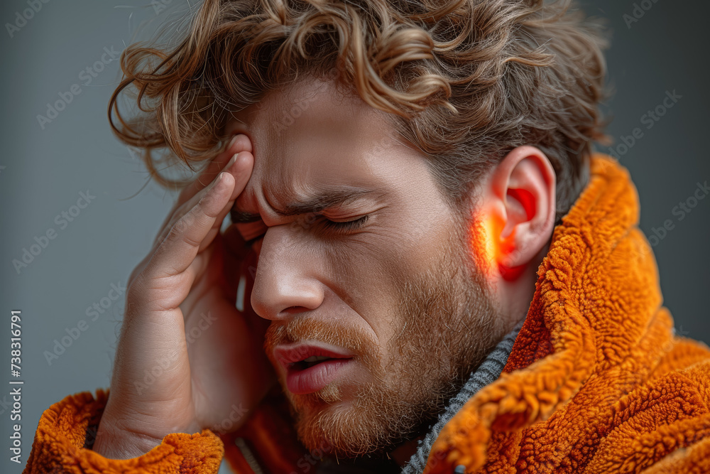 A man holding his ear and wincing, showing signs of earache and ...