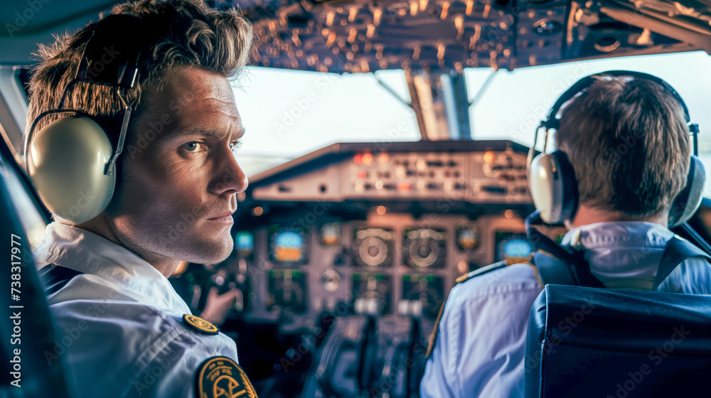 Pilots on a commercial passenger airplane cockpit preparing for ...