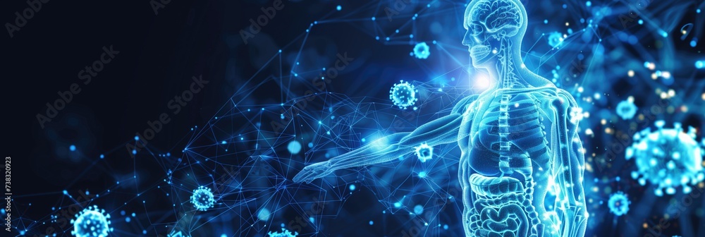 X-ray blue glowing representation of human upper body with brain and ...