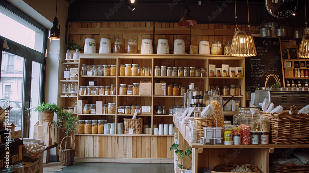 Zero waste shop interior details. Wooden shelves with different food ...