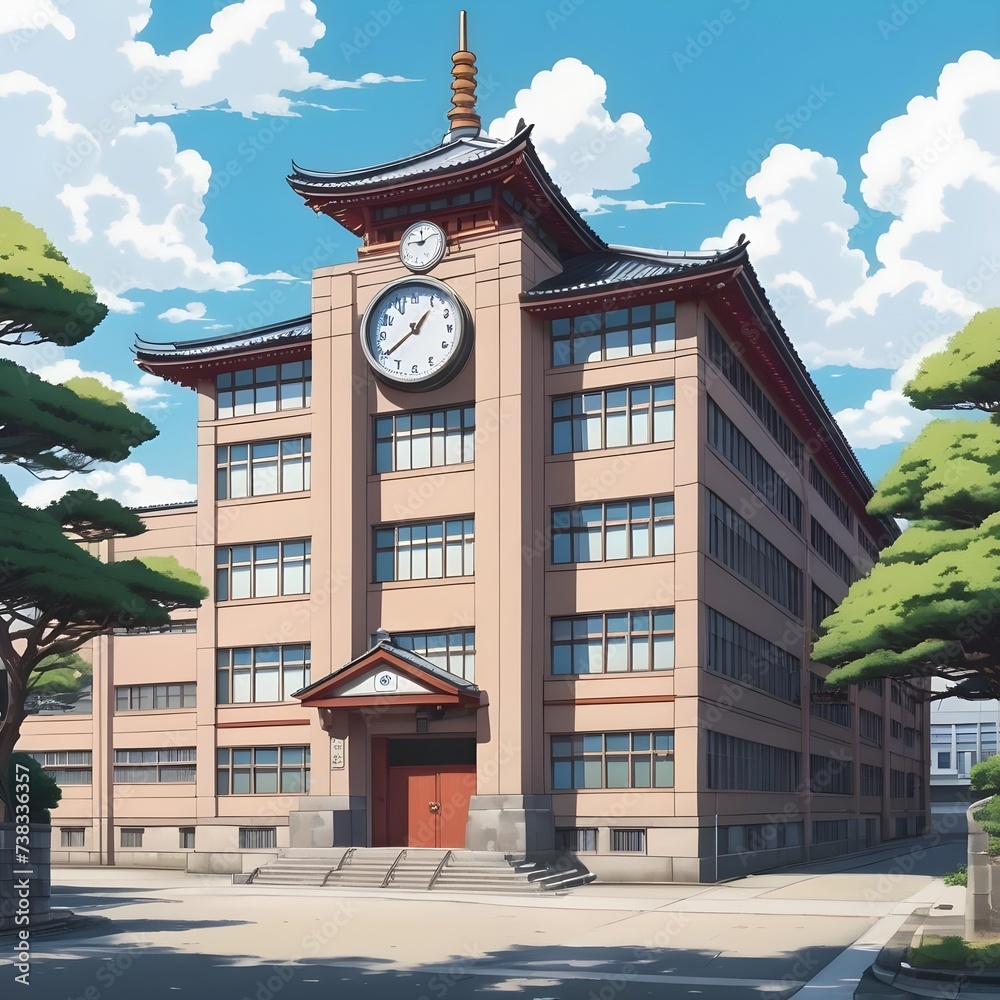 high school facade building with time clock in japan traditional ...