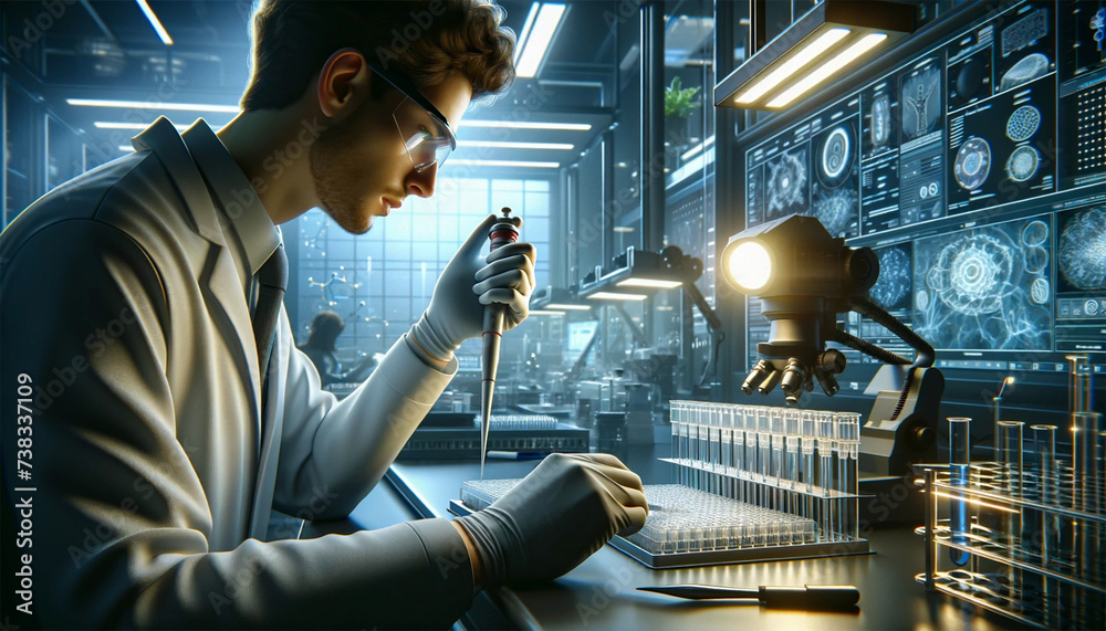 Biochemical engineer working with equipment during a laboratory ...