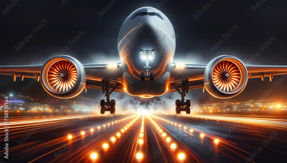 Images of a passenger plane during a night takeoff. The engines are ...