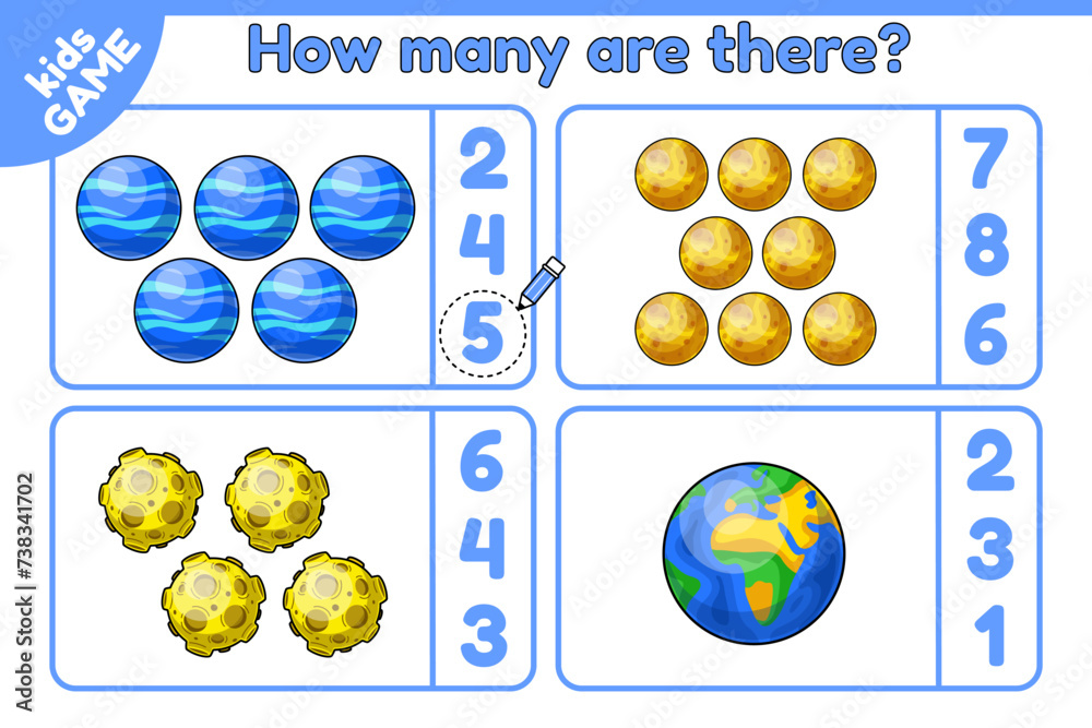 Math counting game for children. Space kids educational worksheet for ...