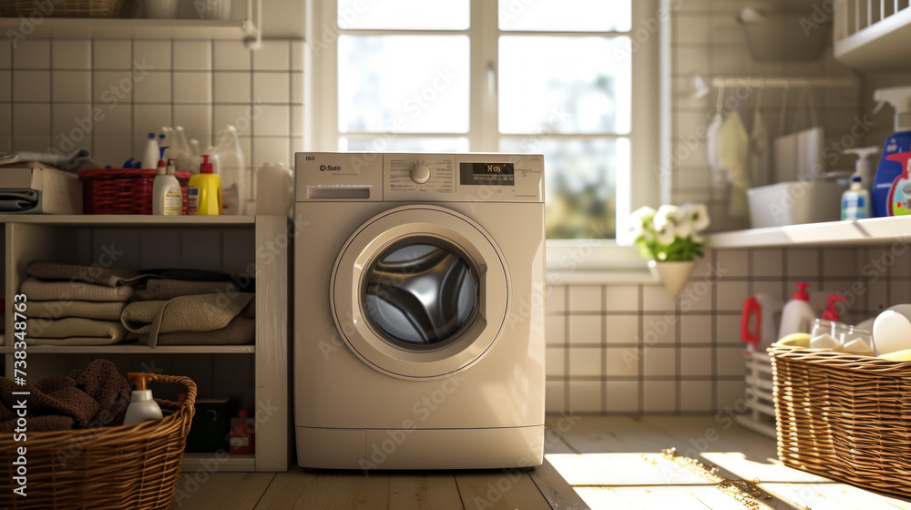 An organized and clutter-free laundry room with a front-loading washing ...