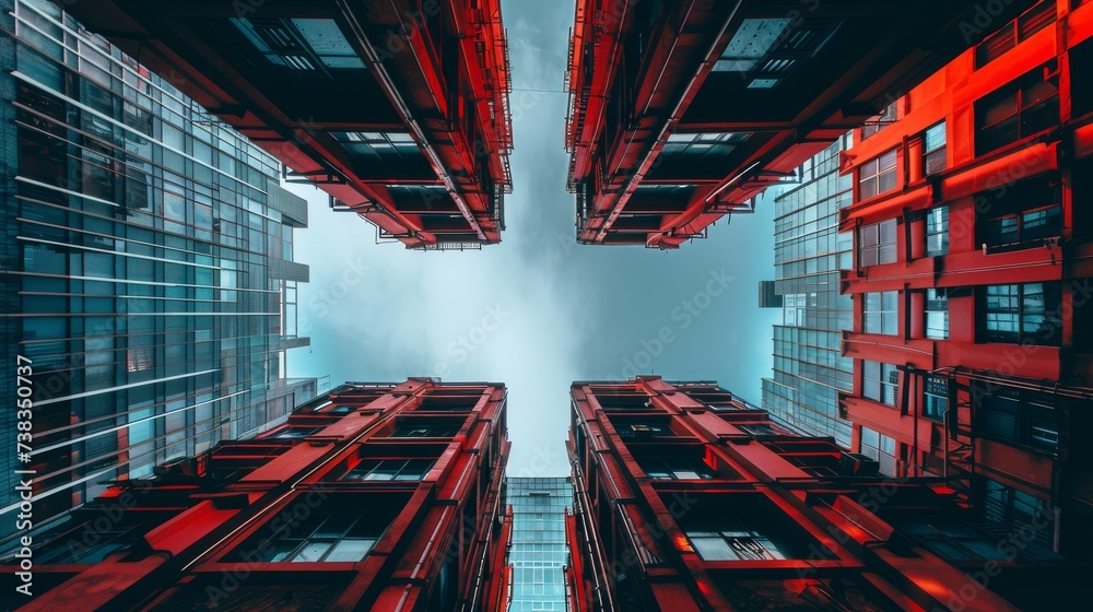Captivating red skyscrapers stand tall in the bustling city, offering a ...
