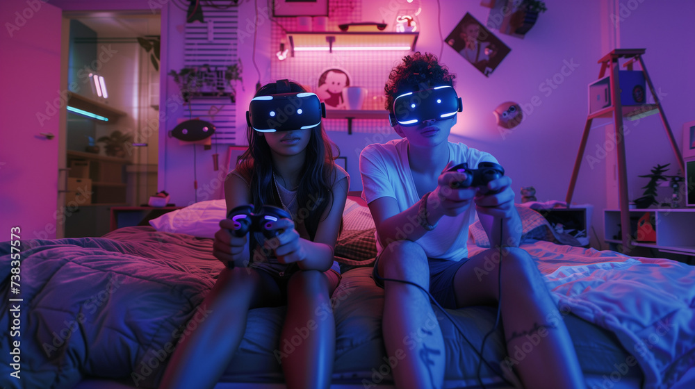 Teenage children VR gaming together at home. Friends gaming with ...