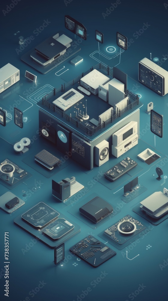 Smart home with connected home electronic devices with app icons around ...