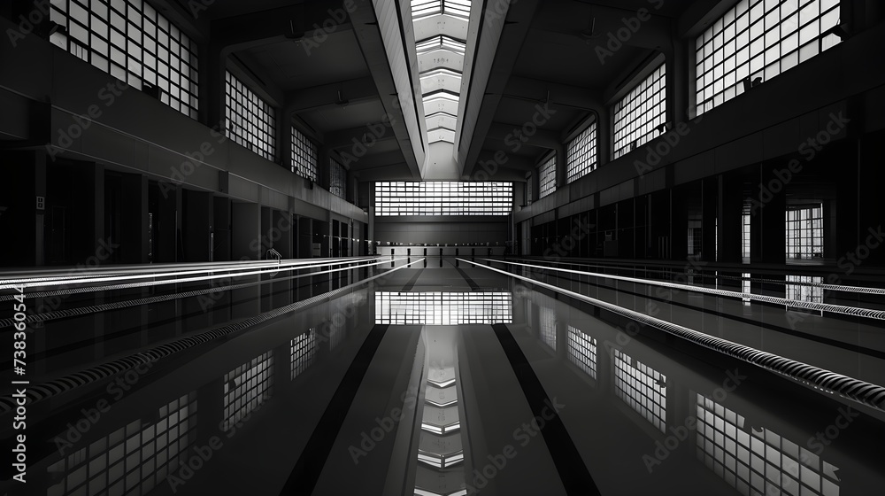 Monochrome Solitude: An Olympic Swimming Pool Lies Still, Awaiting the ...