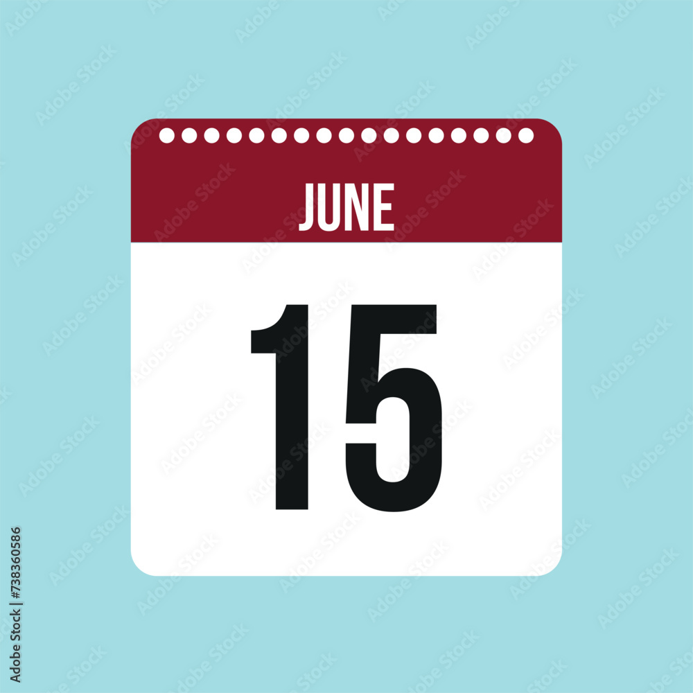 15 June calendar vector icon. Red and black June date for the days of ...
