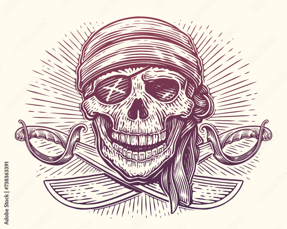 Jolly Roger emblem. Skull and crossed sabers. Hand drawn sketch vintage ...