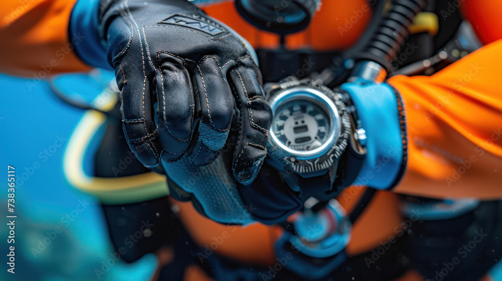 A close-up illustration of a diver in the water and checking the ...