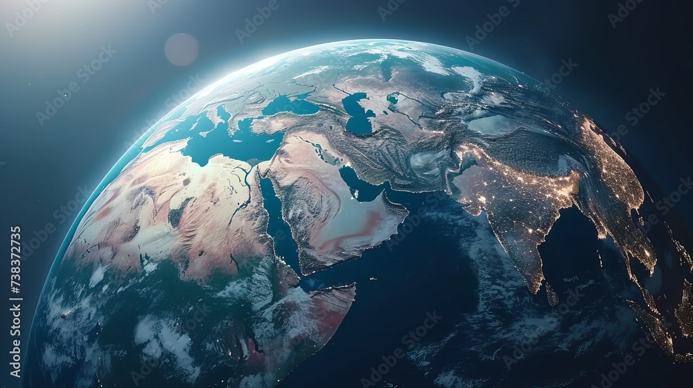 View of planet Earth from space, gradually zooming in to focus on the ...