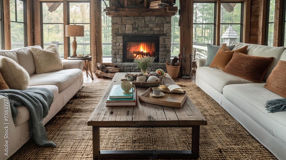 Poster Print Rustic cabin living room with a stone fireplace and forest view 40x22.2 cm