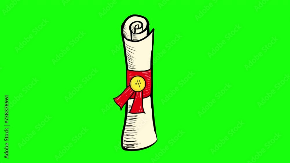 Hand drawn animated diploma rolled scroll with stamp and ribbon icon or ...