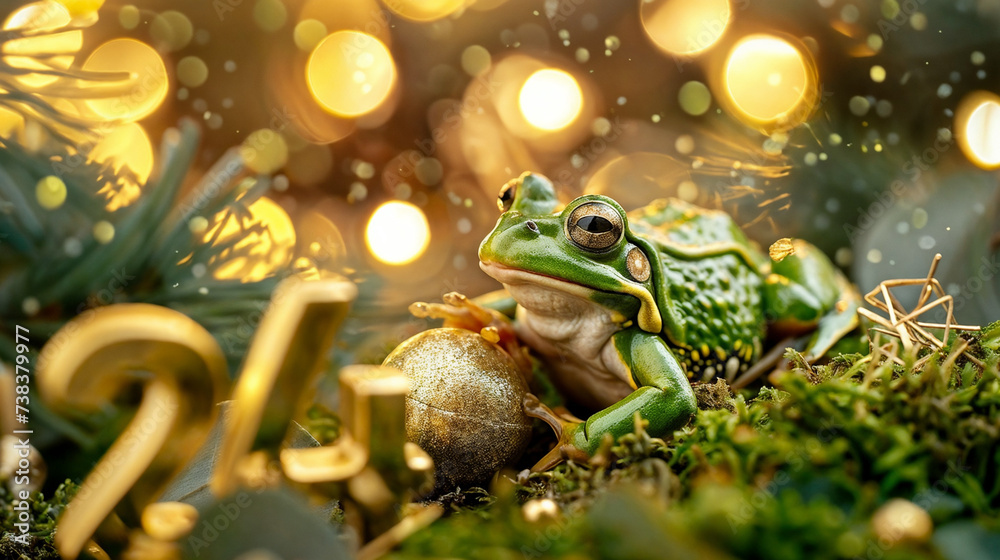 Festive 2024 New Year Concept Featuring a Green Frog on Mossy Surface, Golden Font Numerals ...