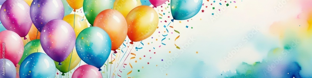 Abstract watercolor birthday background with balloons on the left ...