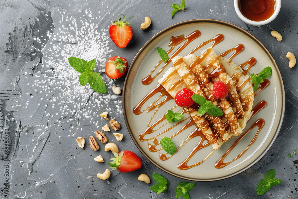 Flat lay crepes with caramel, nuts, strawberries and mint. Natural ...