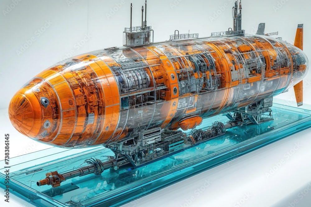A model of a cross-section cut view of a large orange submarine is on ...