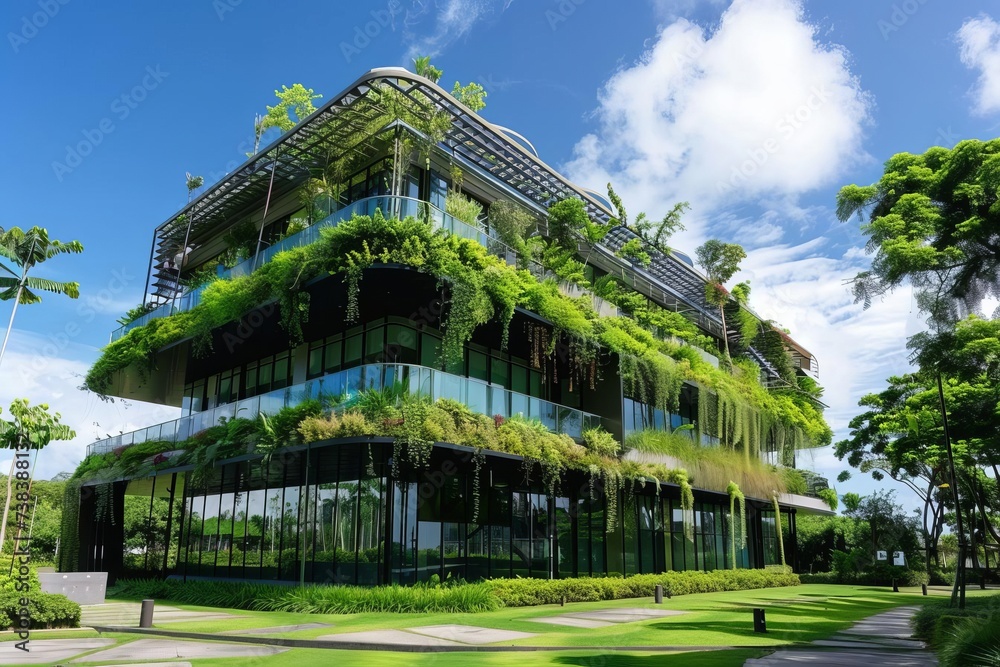Eco-friendly office building surrounded by greenery Exemplifying ...