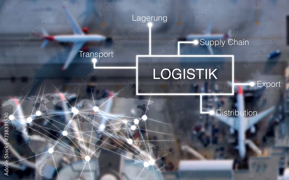 Logistik - im Hintergrund ein Flughafen mit Flugzeugen, Weltkarte mit ...
