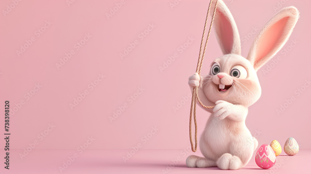 Adorable Bunny Pose: Animated Easter Charm, Holding Rope, Solid Pastel ...