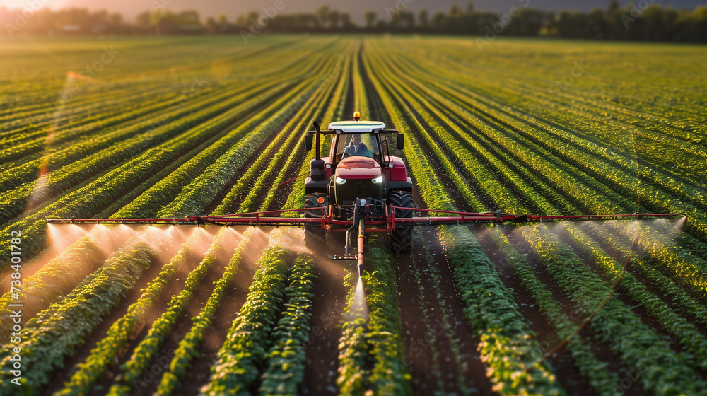 Early morning farming activity captured as a tractor sprays pesticides ...