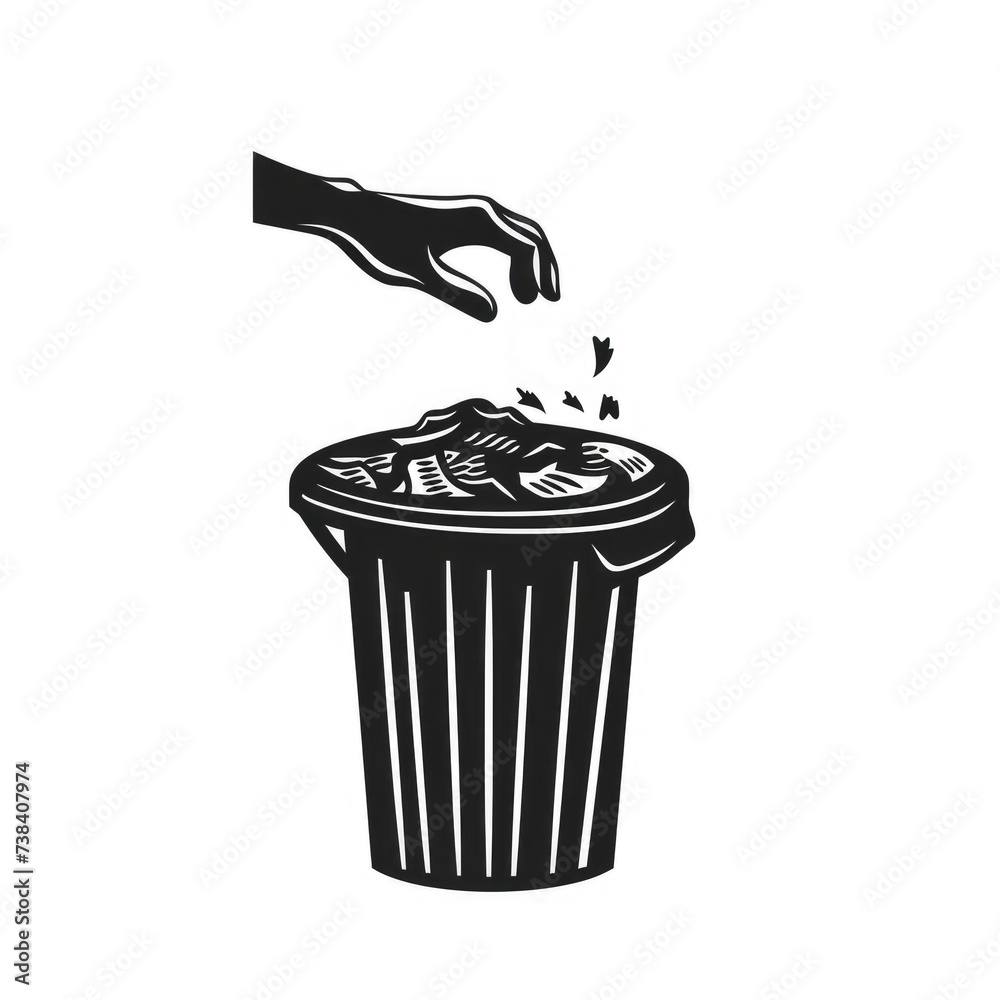 Black and white icon of a hand throwing rubbish in a trash can, AI ...