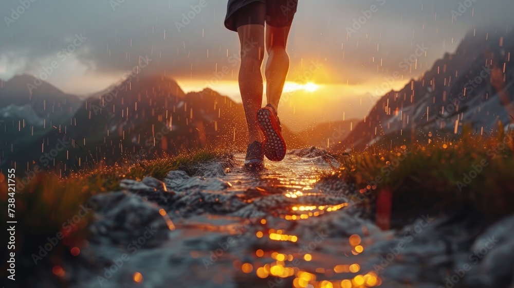 running feet of a trail runner who practice running on a rainy day ...