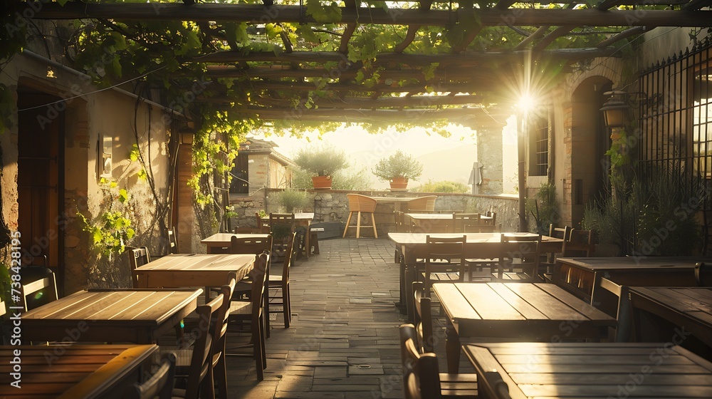 Typical Italian rooftop restaurant wooden tables in Tuscany with ...
