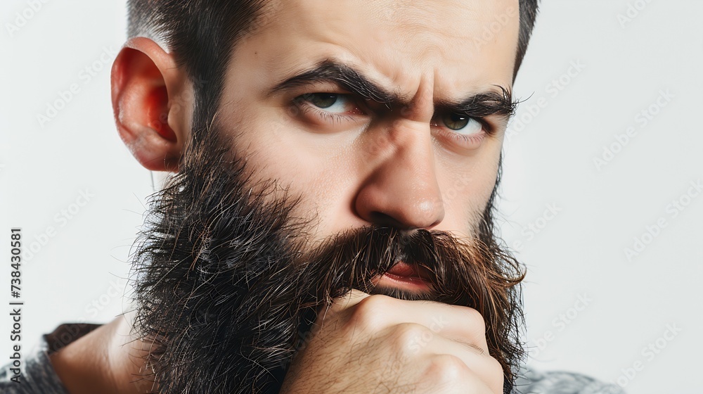 Image of hesitant unshaven European male with thick beard holds chin ...