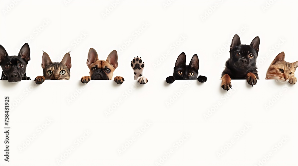 Row of the tops of heads of cats and dogs with paws up, peeking over a ...
