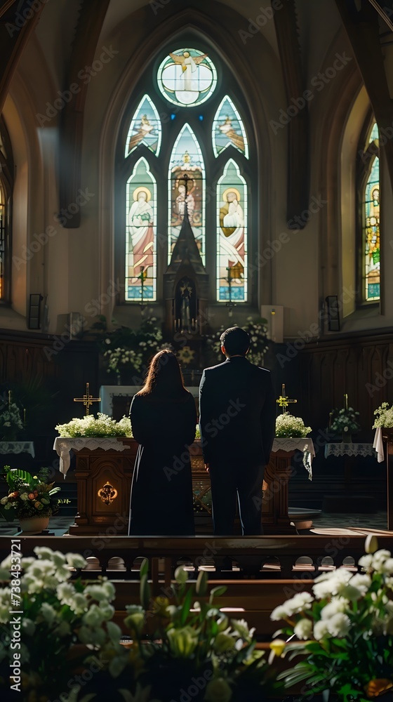 Sad couple in church for funeral with depression and coffin with ...