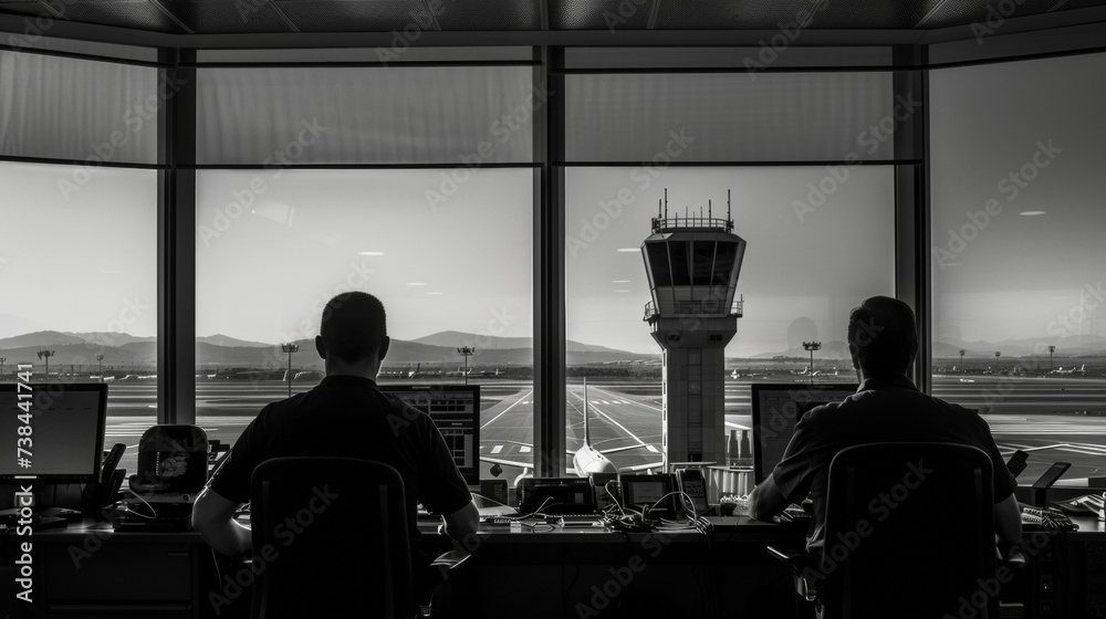 A busy control tower with air traffic controllers intently watching ...