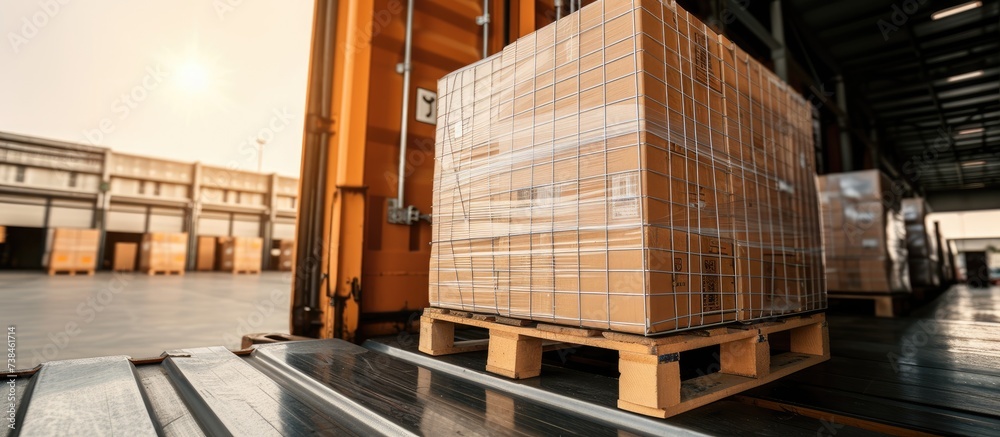 Transporting packages wrapped in plastic on wooden pallets into a ...