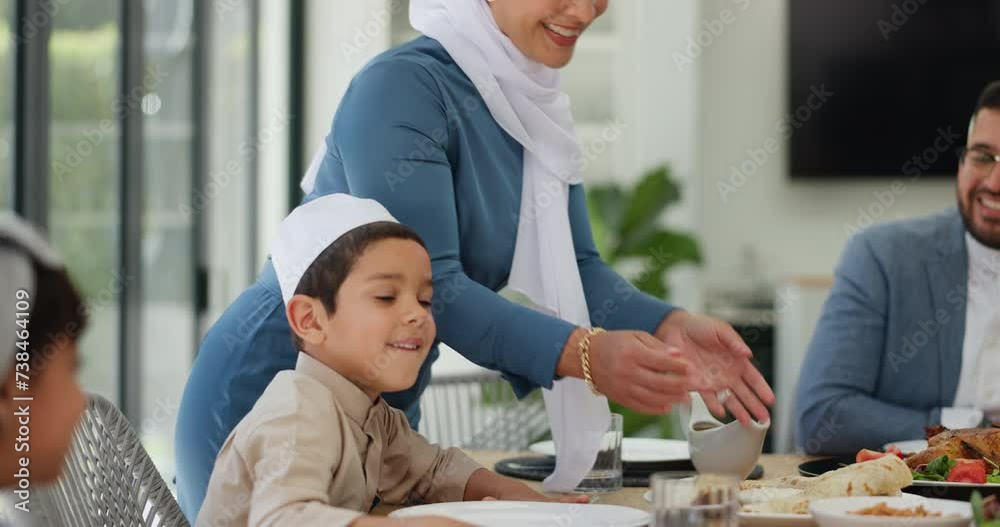 Islam, family and children with food or dinner at dining table for eid ...