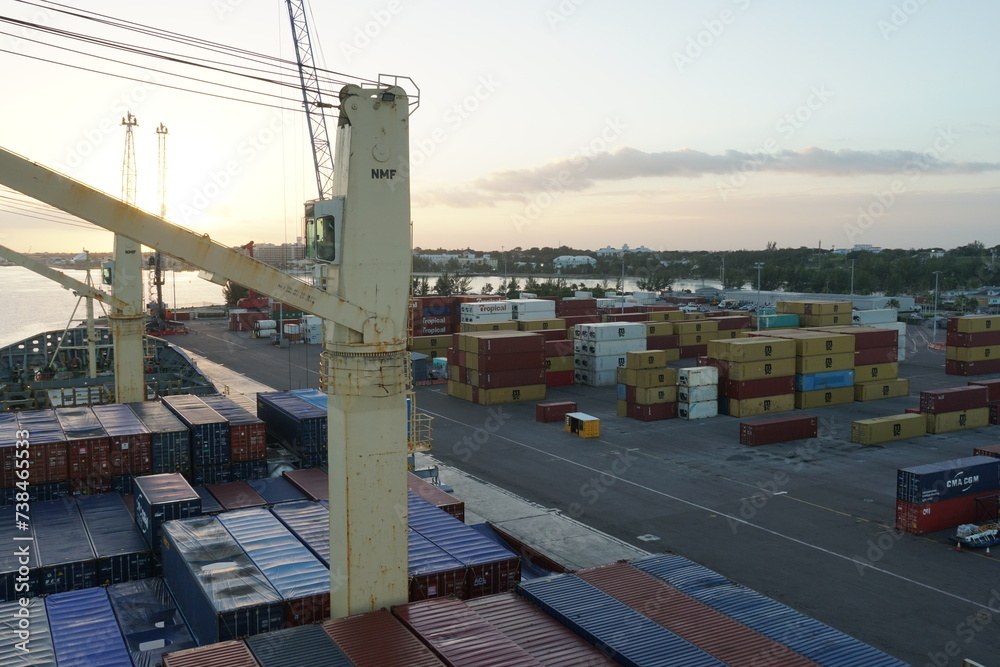Nassau, Bahamas 12 03 2023: Container ship equipped with cranes during ...