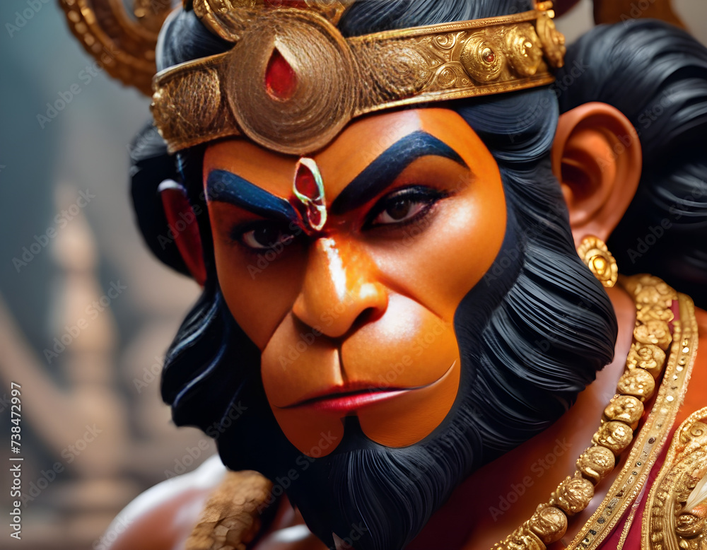 "Craft an awe-inspiring image of the revered superhero Hanuman, drawing ...